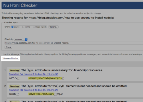 Nu Html Checkerが「type属性省略すべし」と警告を出すので非表示運用にした【WordPress】