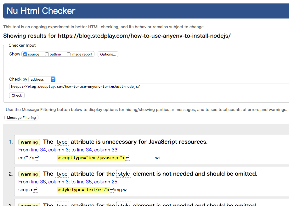Nu Html Checkerが「type属性省略すべし」と警告を出すので非表示運用にした【WordPress】